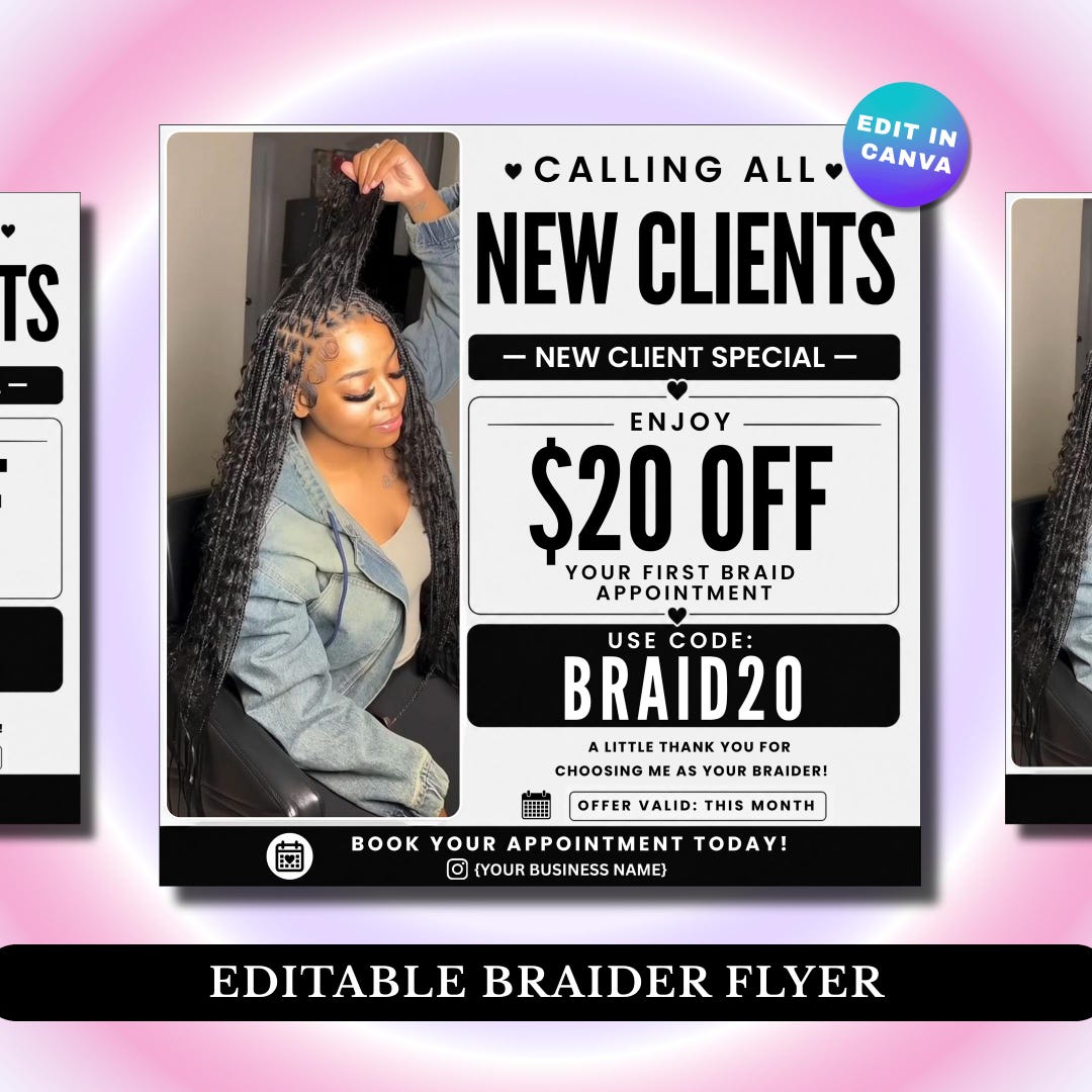 Editable Braider Promo Flyer, New Client Special Canva Template, Salon ...