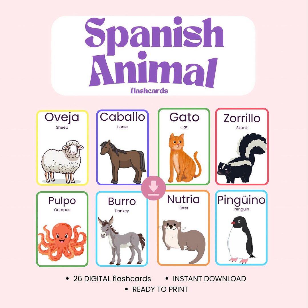 Spanish to English Animal Flashcards | 50 Printable Digital Vocabulary ...