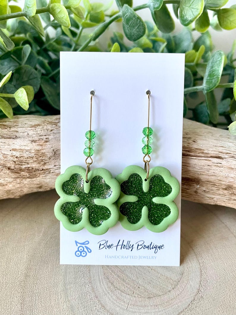 Shamrock Polymer Clay Glitter Dangle Earrings, Handmade St. Patrick’s ...