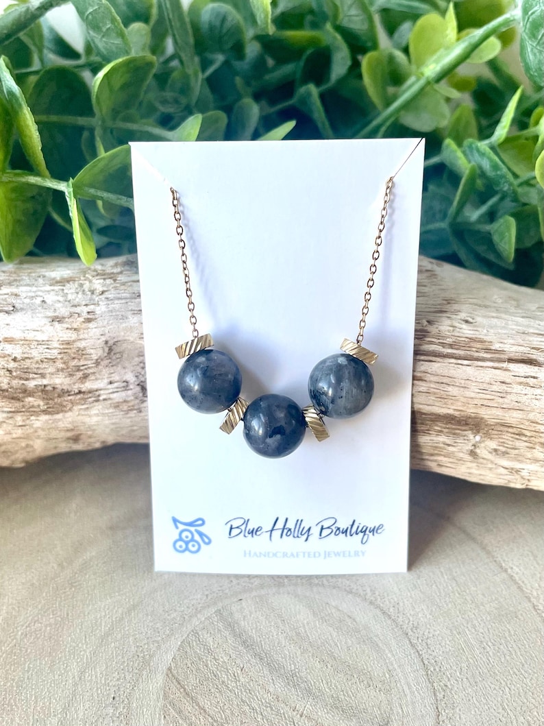 Black Labradorite Natural Stone Beaded Necklace, Gold or Silver ...