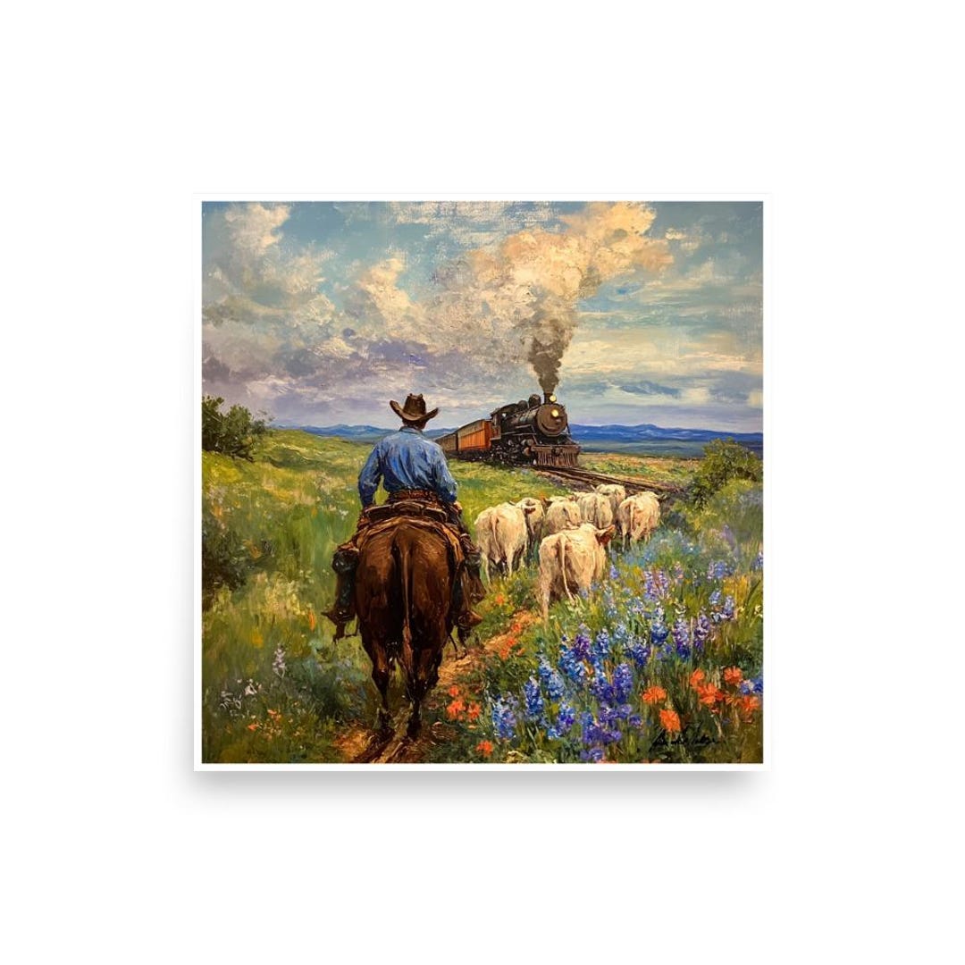 Wild West Poster, Ranching, Herding, Cow, Locomotive Train, Cowboy ...