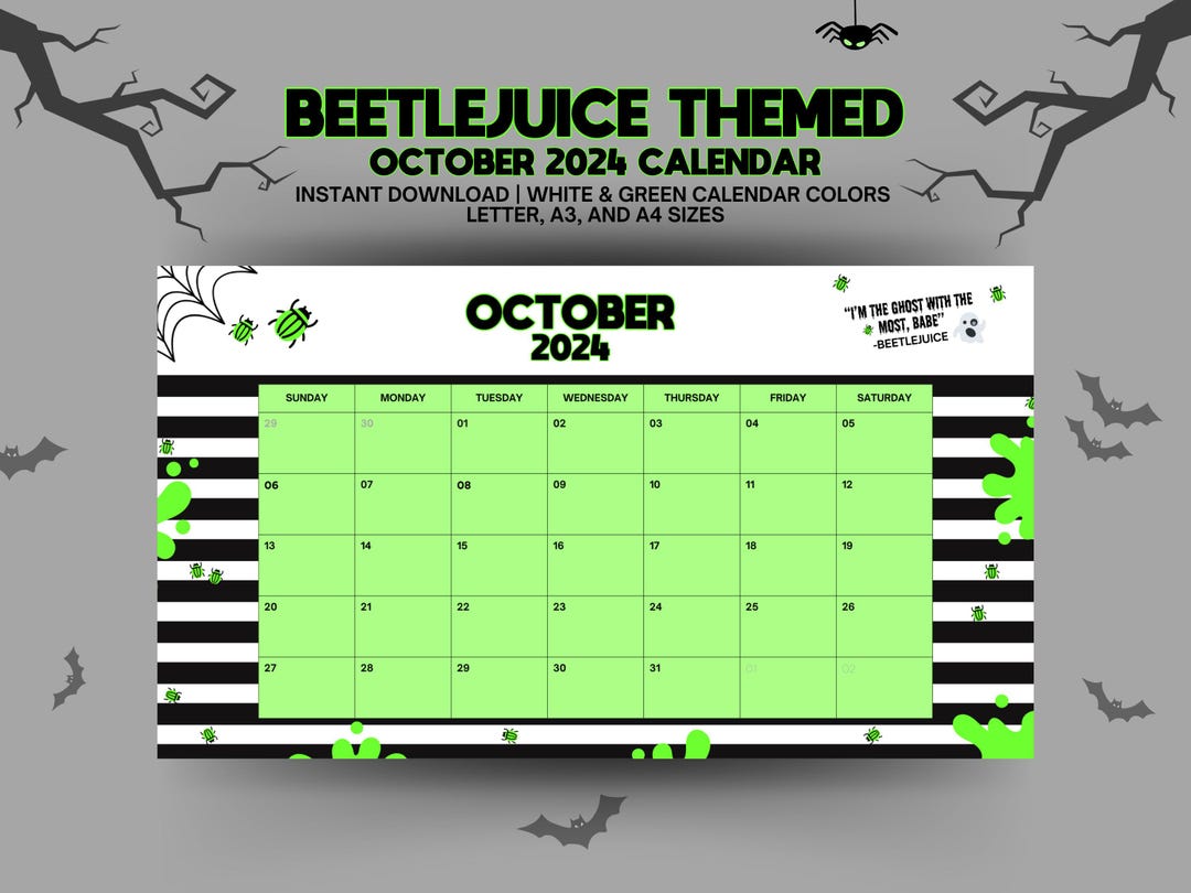 Beetlejuice Themed October 2024 Calendar Printable, PDF, Digital ...