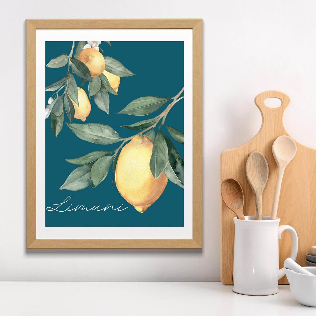 Sicilian Lemon Kitchen Wall Art | Blue and Yellow Limuni Digital Art ...