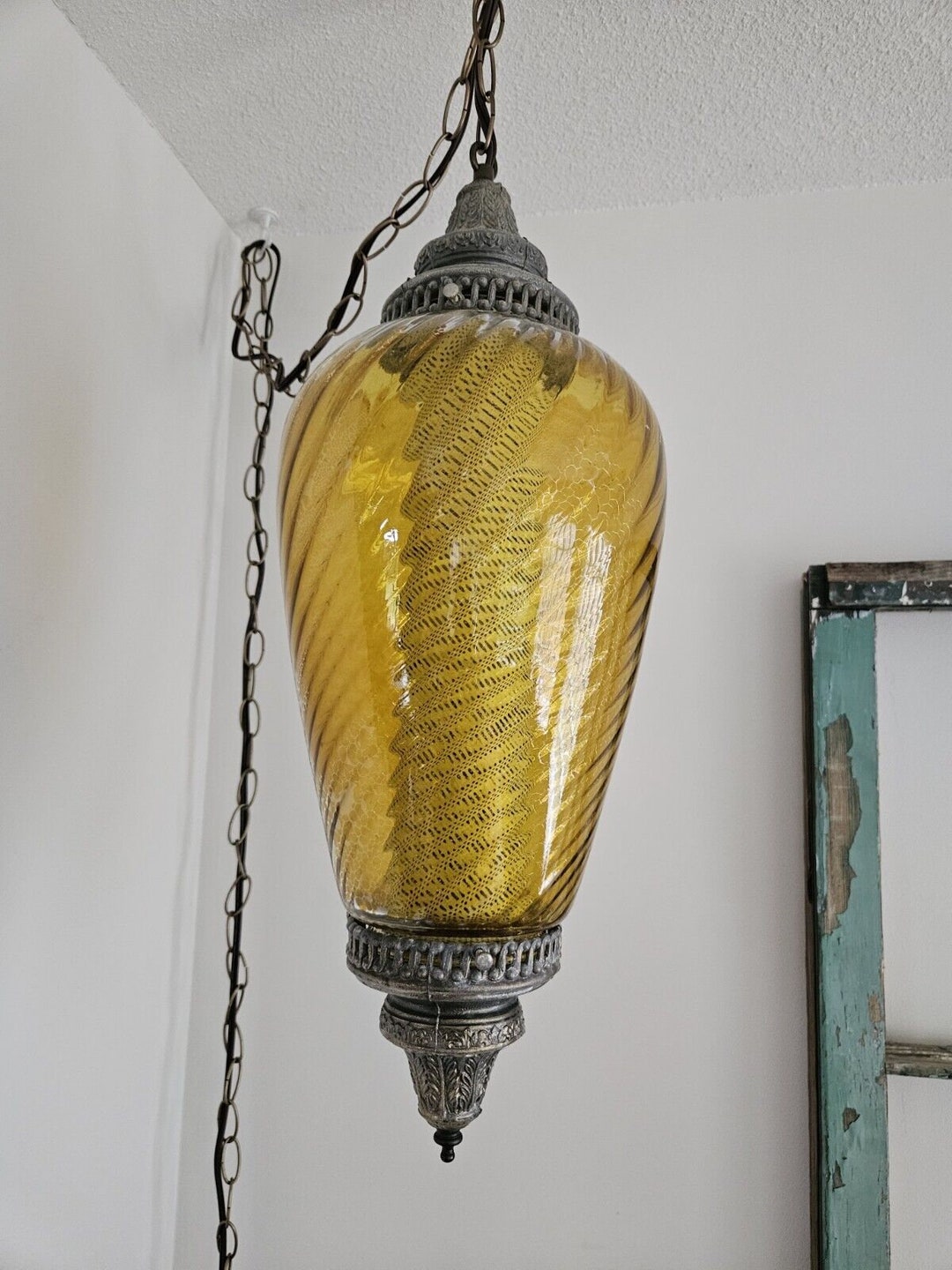 Vtg Swag Lamp Amber Hanging Light Glass Pendant Mid Century Plug in ...