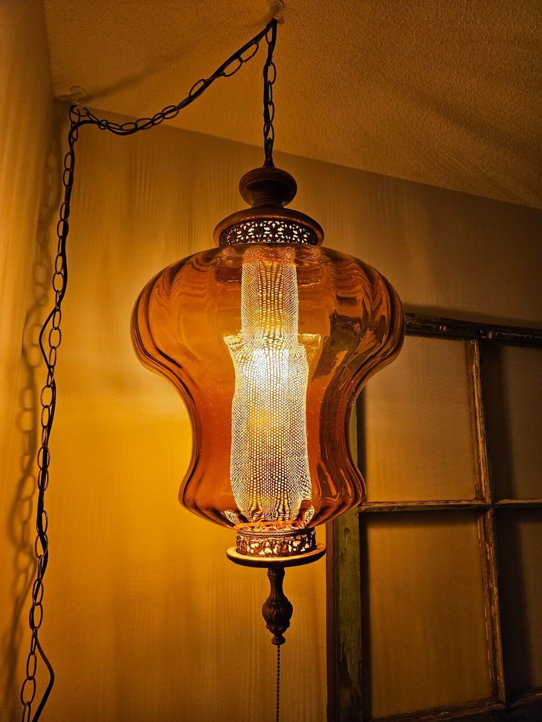 Vtg Large Swag Lamp Amber Hanging Light Glass Pendant Mid Century ...