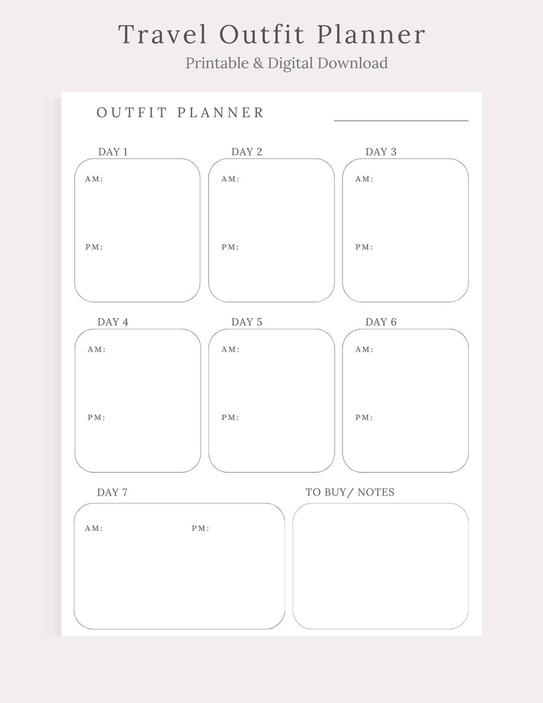 Travel Outfit Planner Printable Template, Daily Outfit Planner for ...