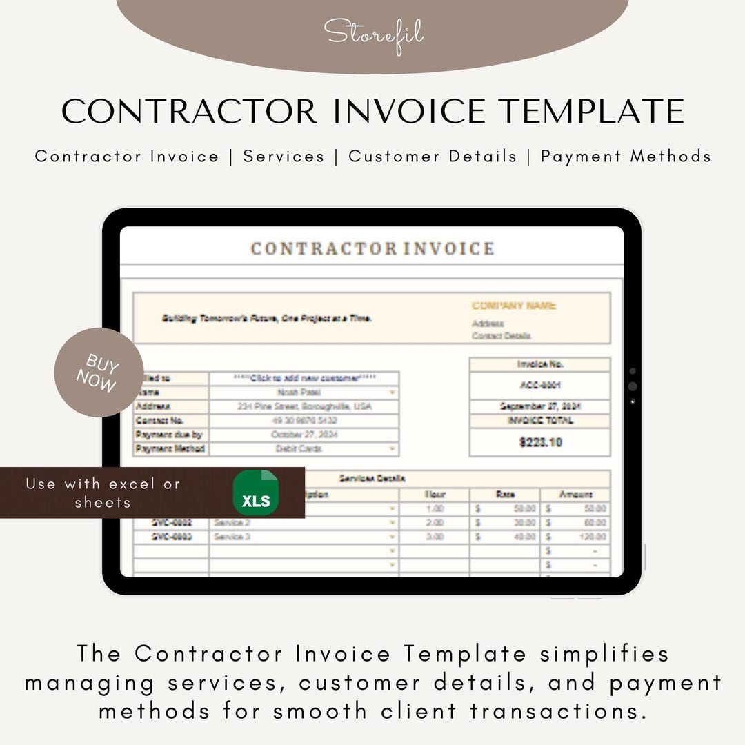 Contractor Invoice Template Editable Excel Google Sheets Invoice ...