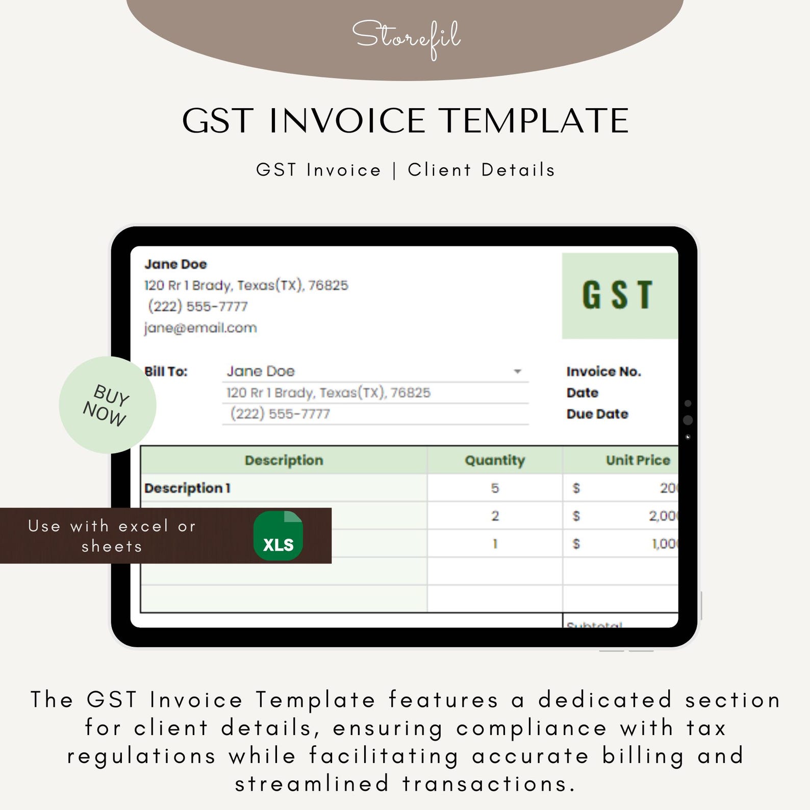 GST Invoice Template Customizable Invoice With Client Details Digital Download for Excel ...