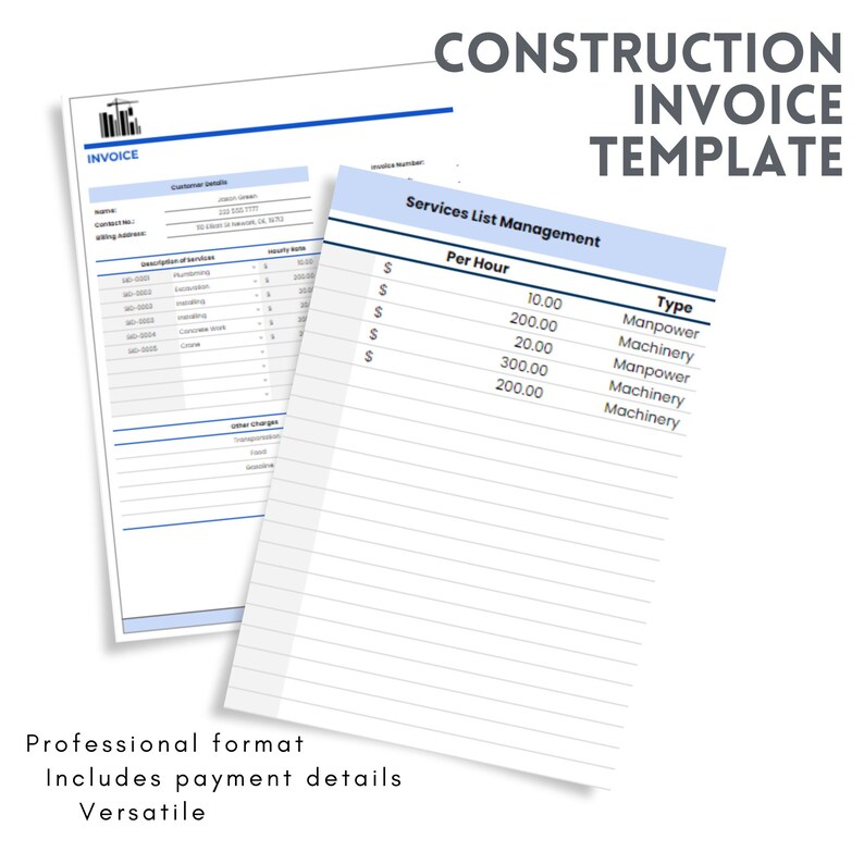 Construction Invoice Template Customizable Service Invoice digital ...