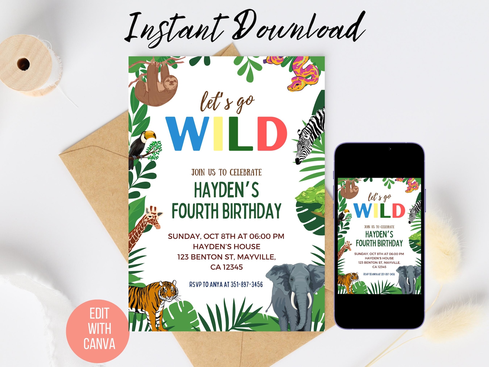 Jungle Safari Birthday Invitation Editable Invite Template Jungle ...