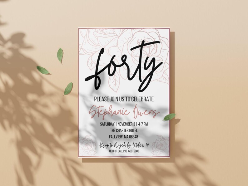 Rose Gold 40th Birthday Invitation for Women Elegant Floral Digital ...