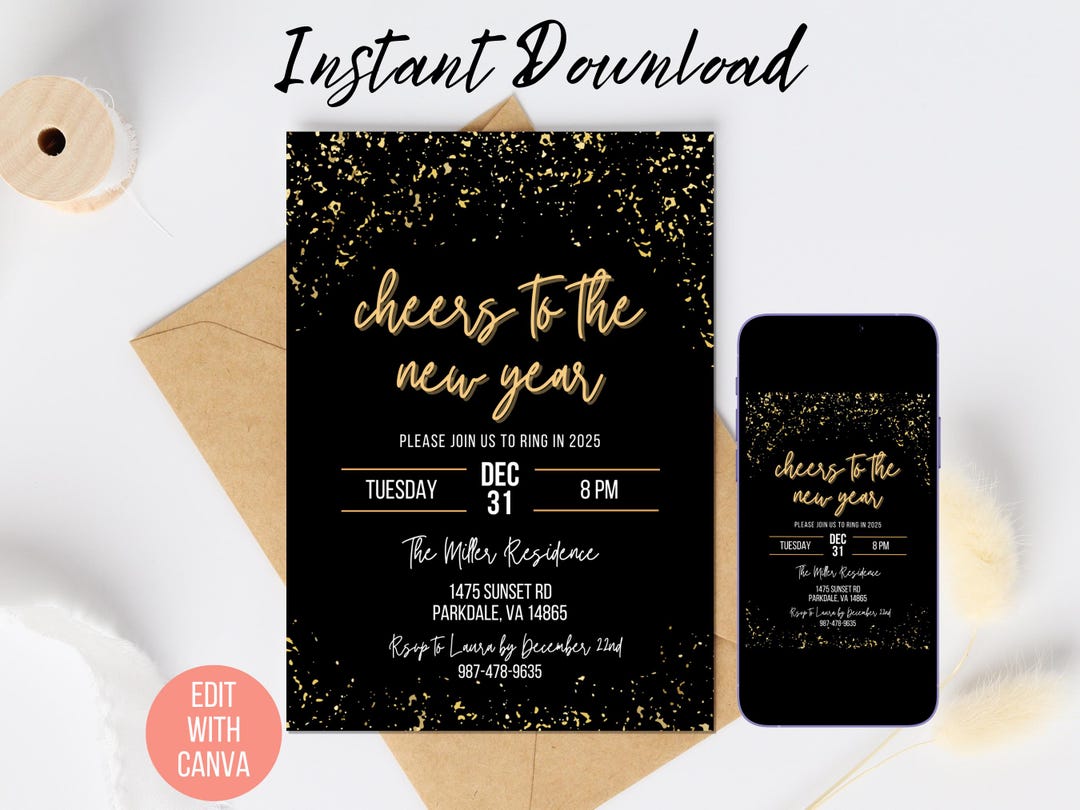 Gold Glitter New Year's Eve Invitation: Modern NYE Party Invite ...