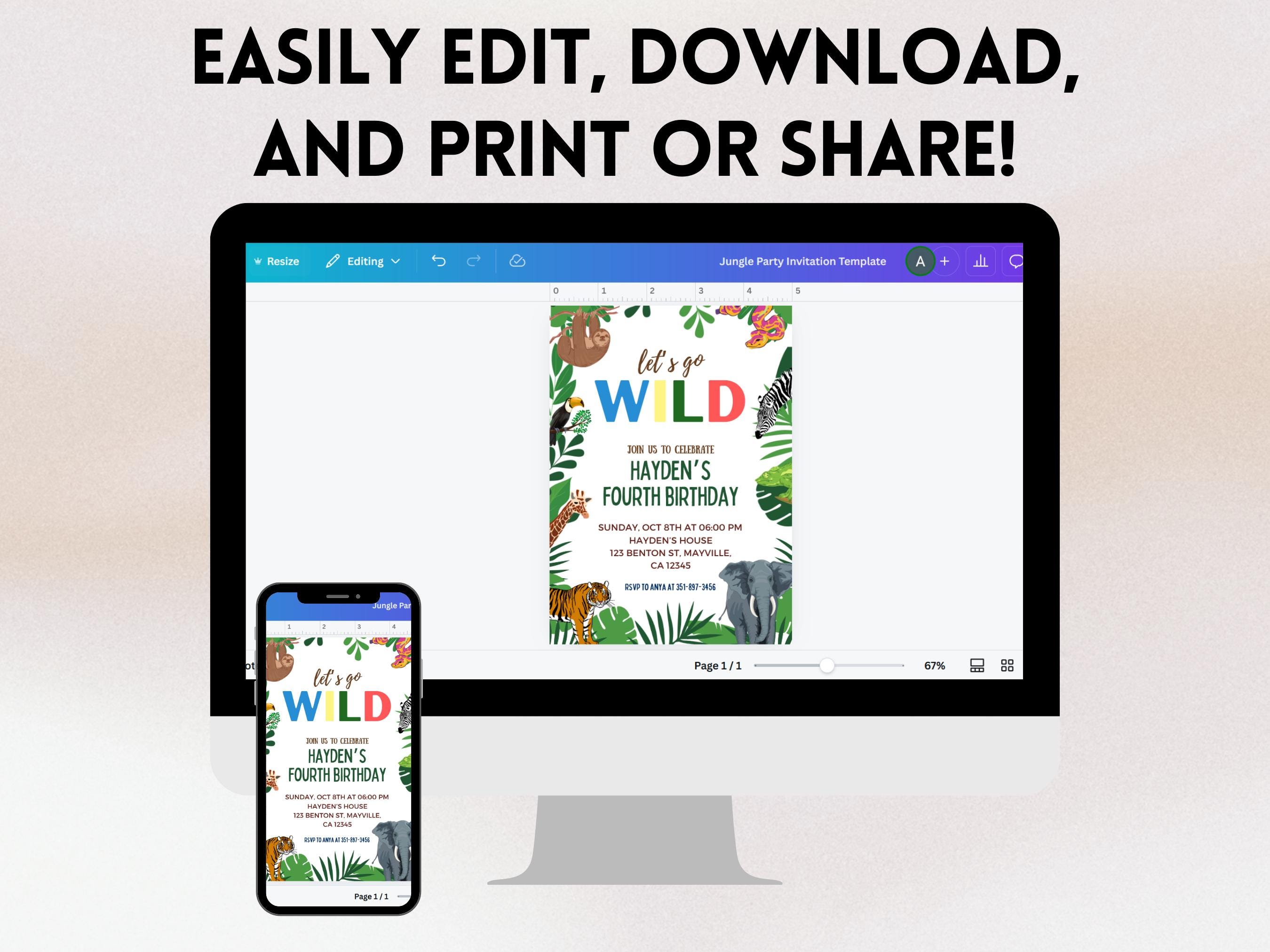 Jungle Safari Birthday Invitation Editable Invite Template Jungle ...