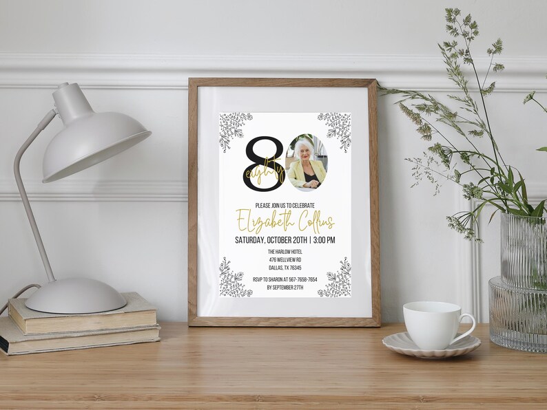 Floral 80th Birthday Invitation for Women: Editable Template (digital ...
