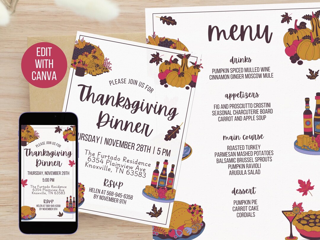 Retro Thanksgiving Invitation & Menu Bundle: Eclectic Fall Dinner ...