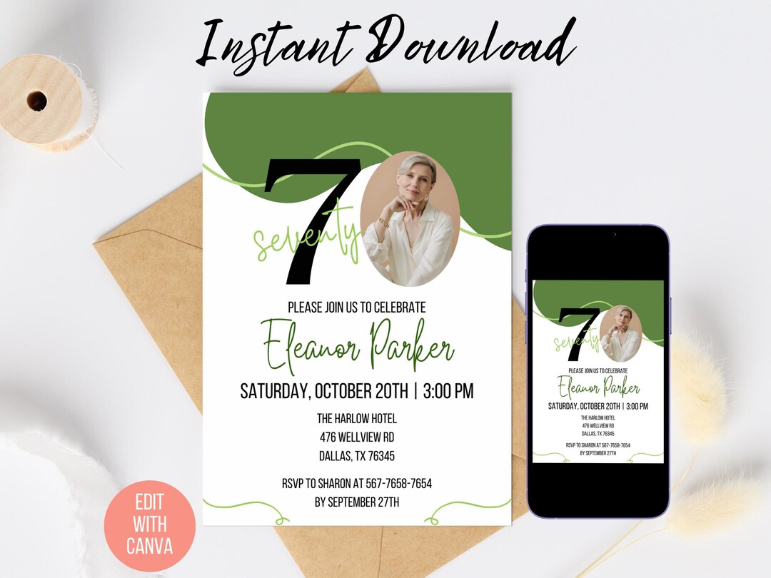 70th Birthday Invitation Template: Green Modern Design (digital ...
