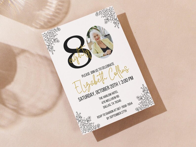 Floral 80th Birthday Invitation Template: Elegant Design (digital ...