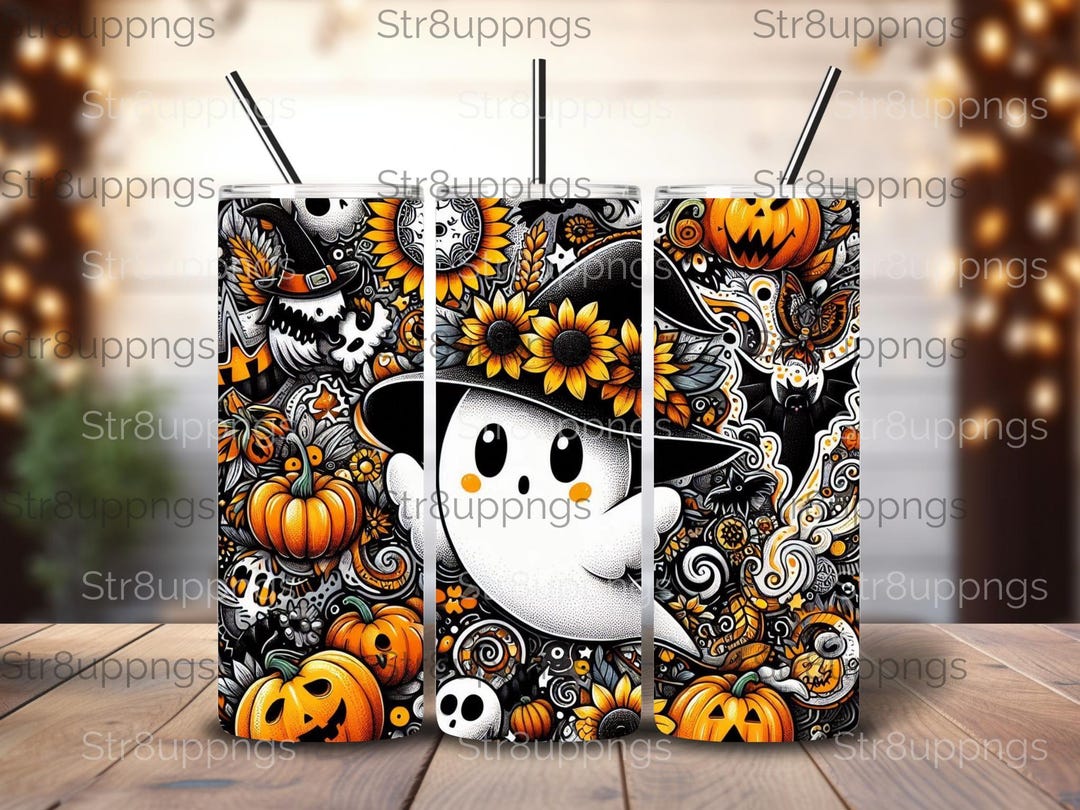 Cute Cartoon Ghost Halloween Drink Containers Clipart With Pumpkins ...