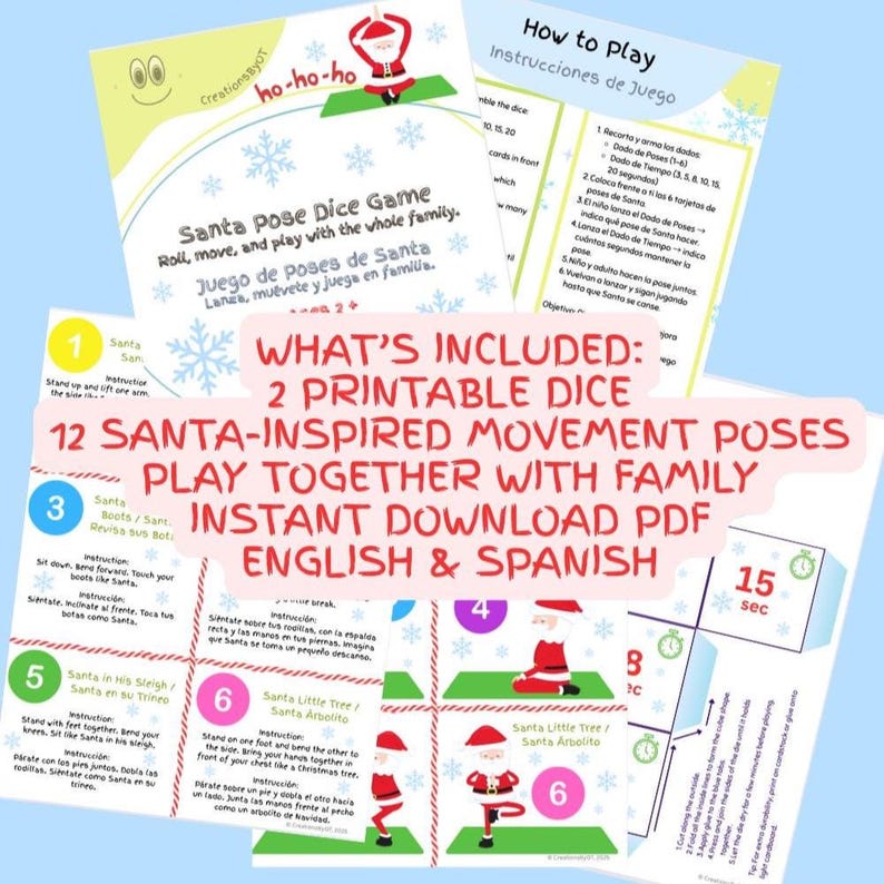 Santa Pose Dice Game – Printable Bilingual Holiday Movement Game for ...