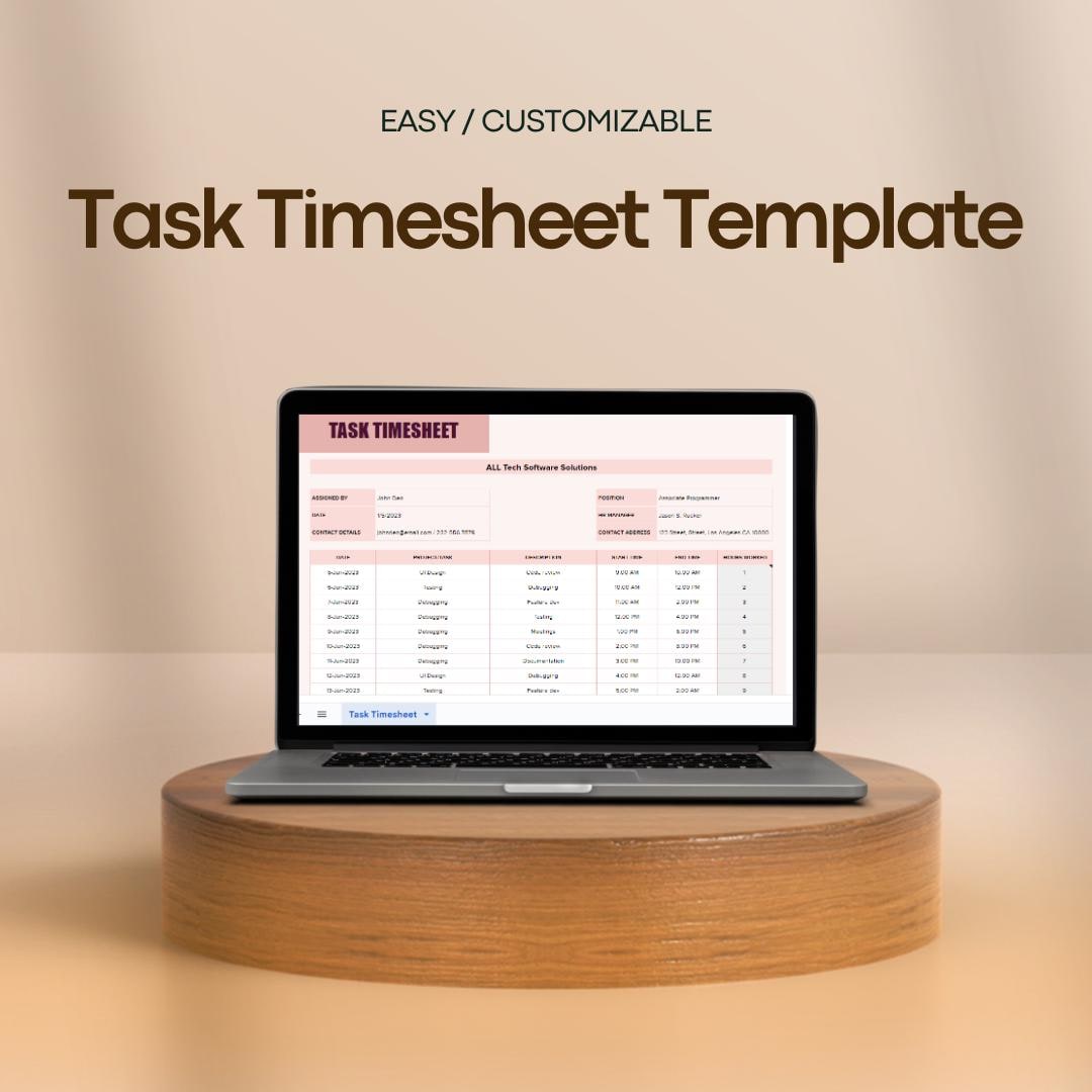 Task Timesheet Template Editable Work Log, Google Sheets, Digital ...