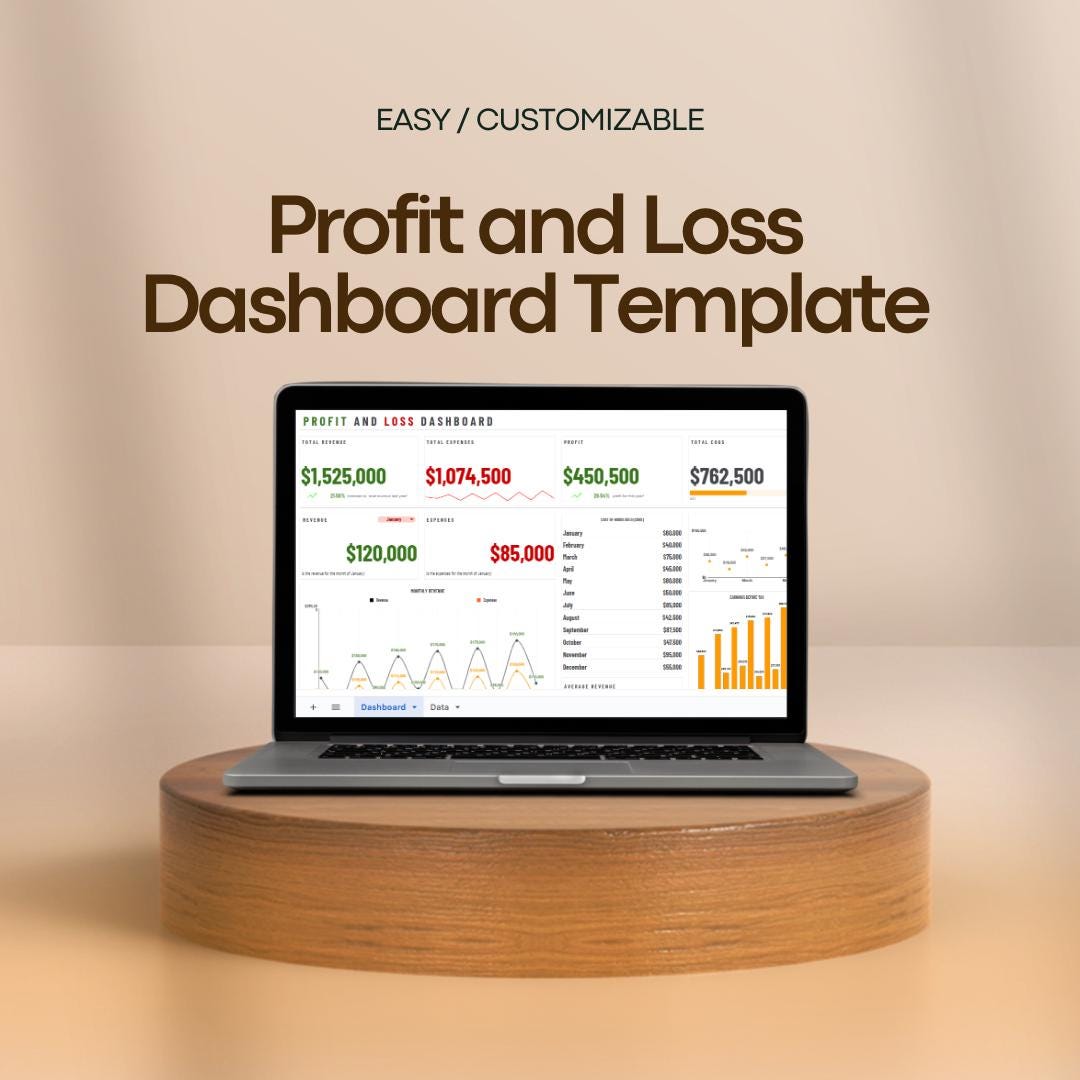 Profit and Loss Dashboard Template, Editable Google Sheets, Digital Download, Business Financial ...