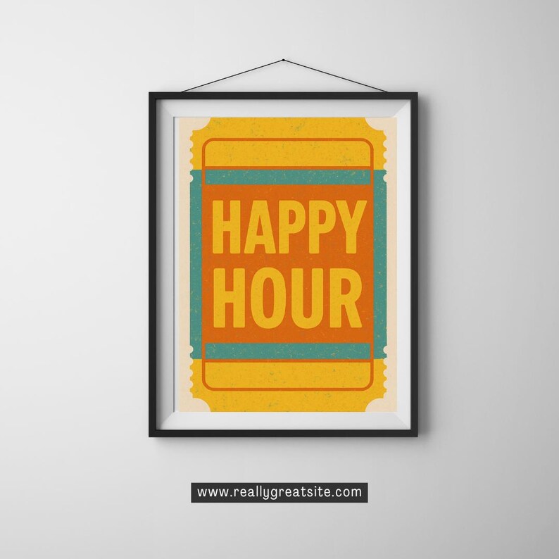 Happy Hour Retro Bar Sign Printable Vintage Ticket Style Wall Art for ...
