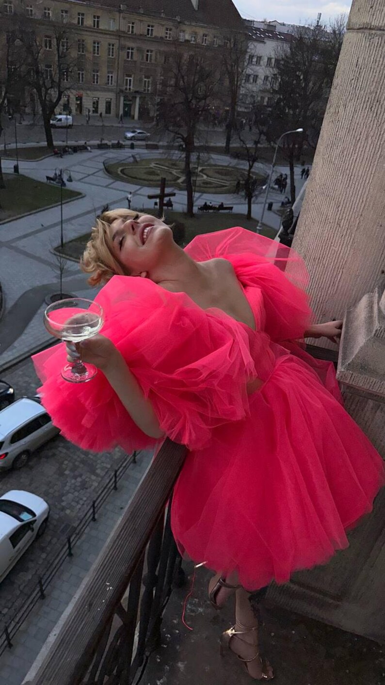 Hot Pink Tulle Dress, Pink Ruffle Gown, Prom Dress, Wedding Afterparty ...