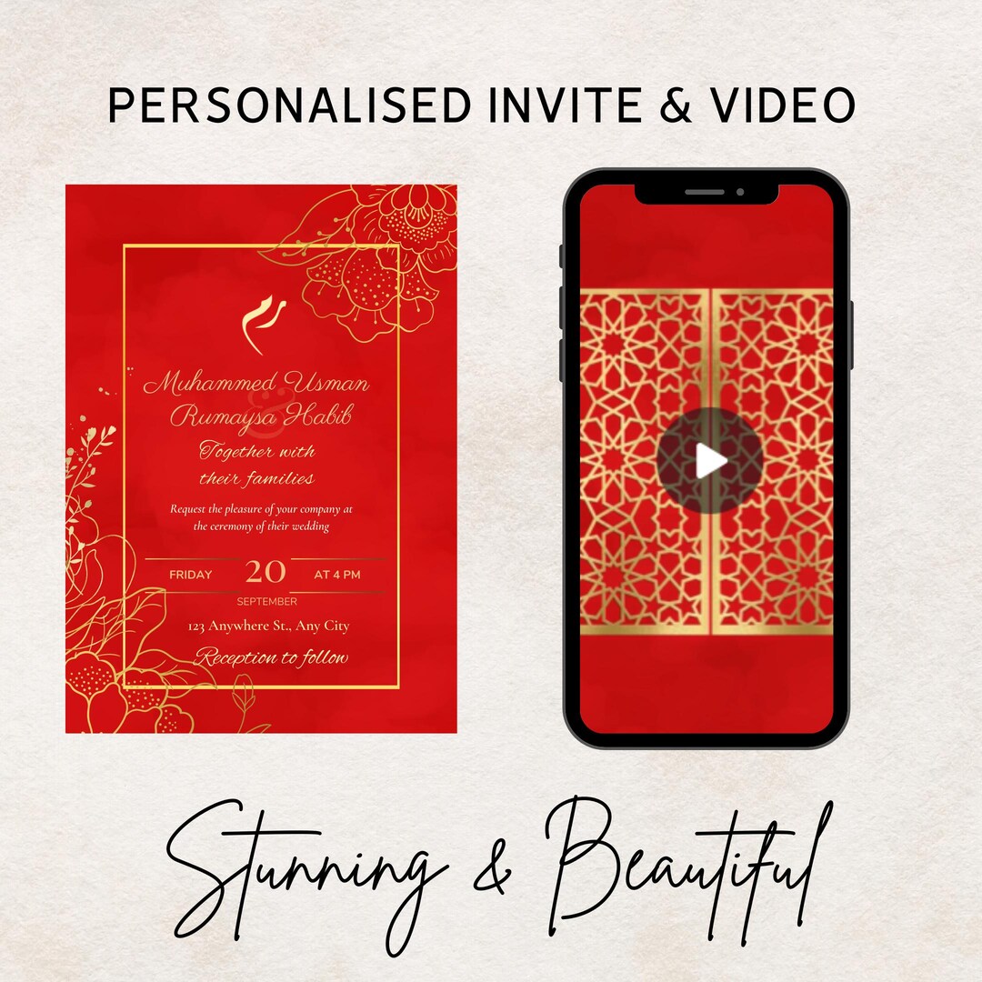 Luxury Red Gold Wedding Invitation, Walima Fatiha Islamic A4 Video ...