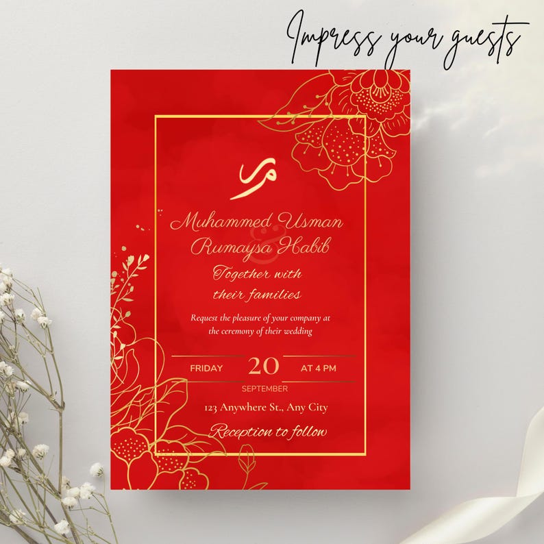 Luxury Red Gold Wedding Invitation, Walima Fatiha Islamic A4 Video ...