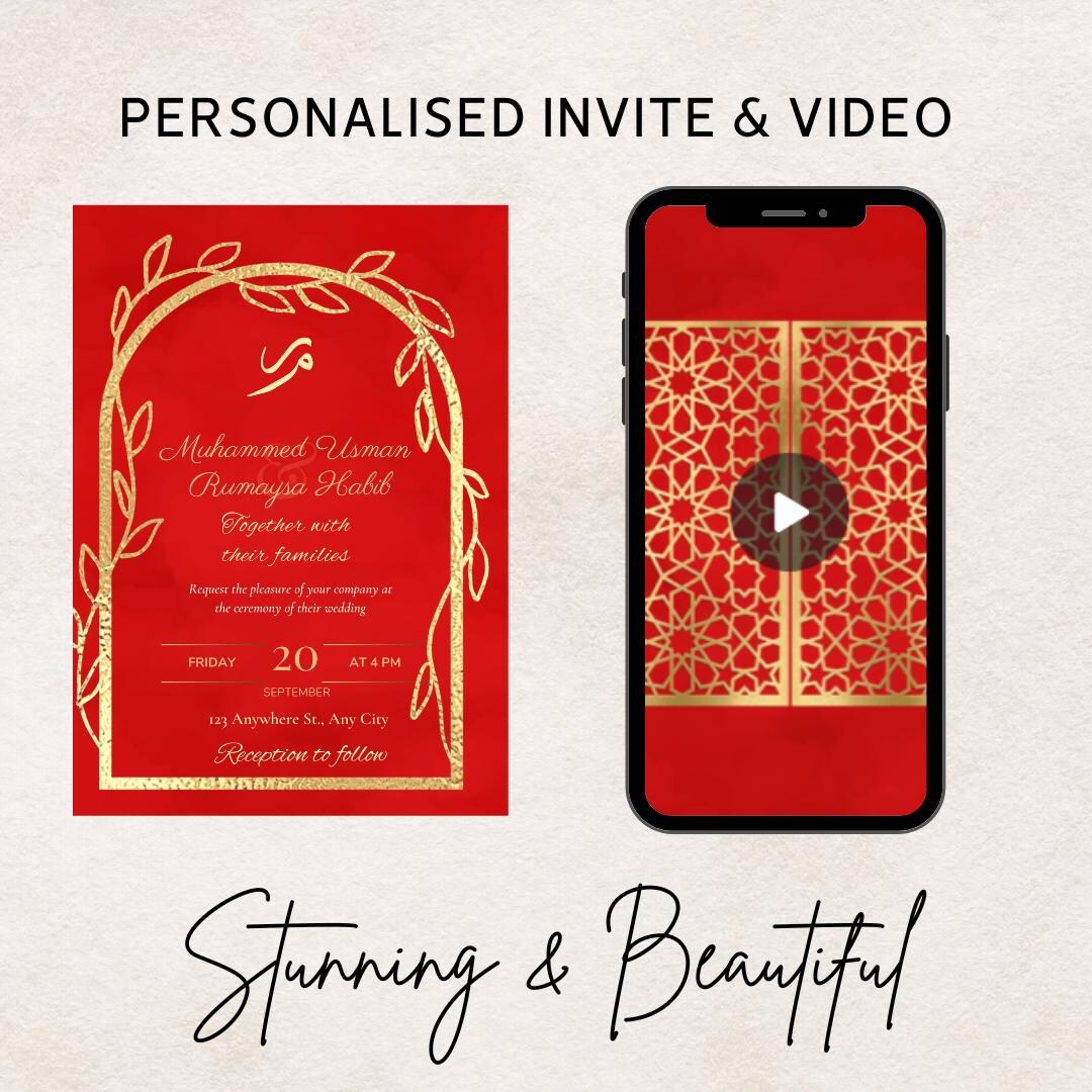Digital Wedding Nikkah Islamic Muslim Walima Video Invitation Red Gold ...