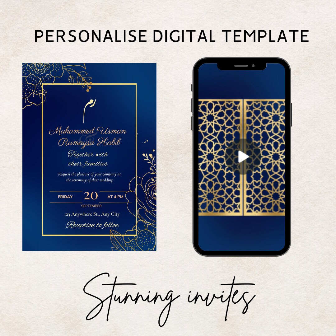 Luxury Blue Gold Wedding Invitation, Walima Fatiha Islamic A4 Video ...