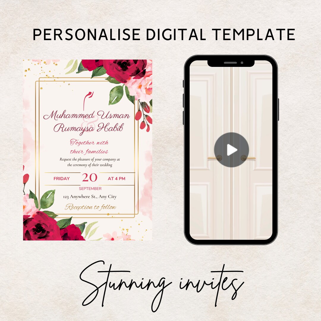 Luxury Red Pink Wedding Invitation, Walima Fatiha Islamic A4 Video ...