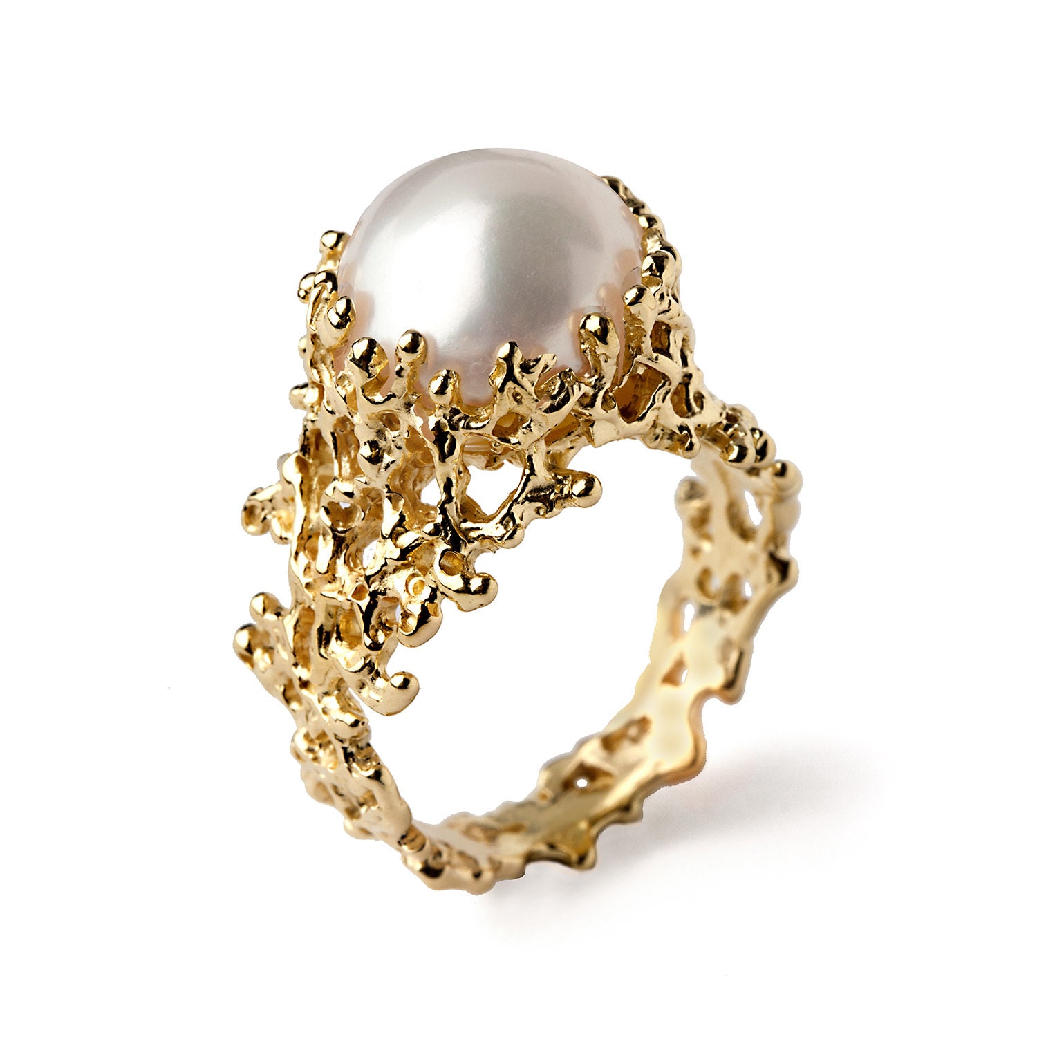 CORAL Gold Pearl Ring Gold Pearl Engagement Ring Organic | Etsy