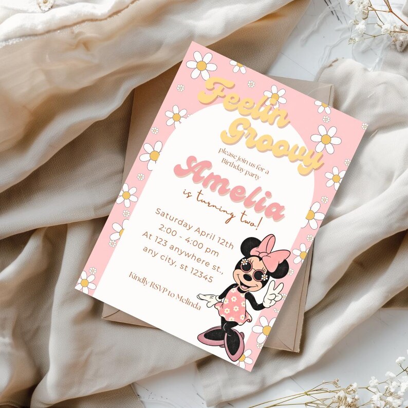 Feelin Groovy Minnie Mouse Birthday Invitation, Digital Self-editable ...