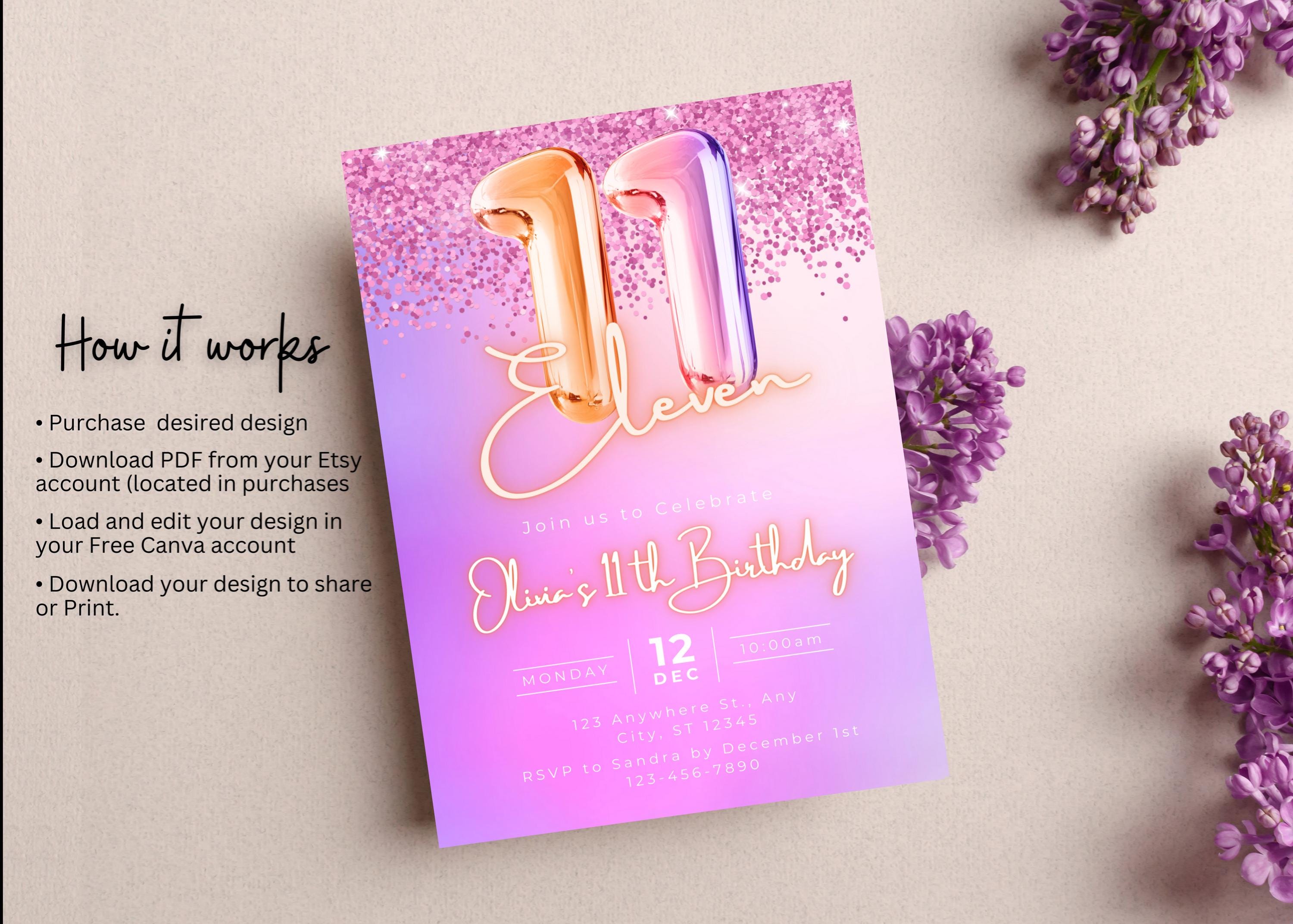 Glitter 11th Birthday Invitation, Digital Self-editable Canva Template ...