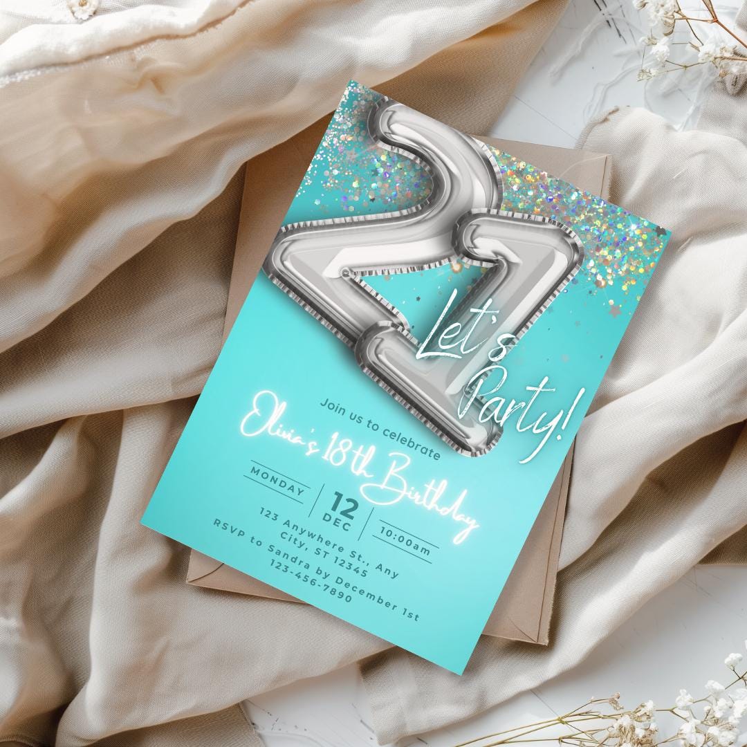 Blue Teal Silver Glitter Twenty First Birthday Invitation, 21st Balloon ...