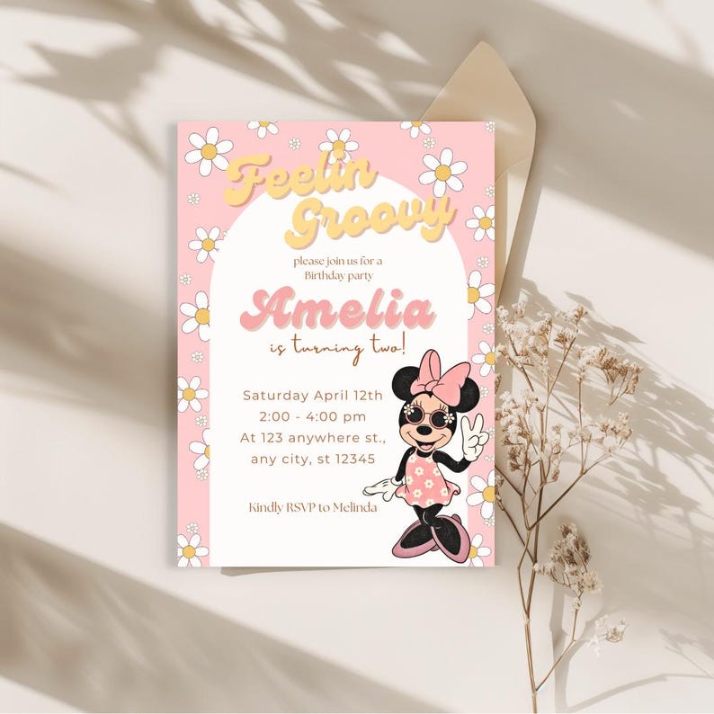 Feelin Groovy Minnie Mouse Birthday Invitation, Digital Self-editable ...