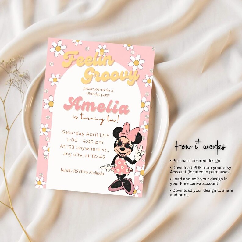 Feelin Groovy Minnie Mouse Birthday Invitation, Digital Self-editable ...