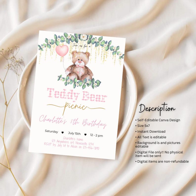 Teddy Bear Picnic and Friends Birthday Party Invitation, Digital Self ...