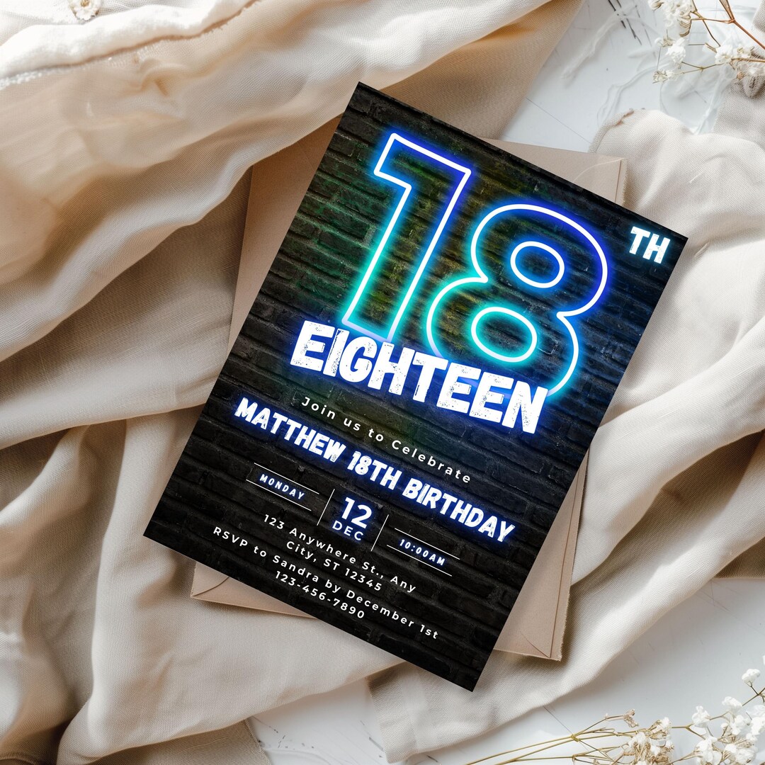 Blue Neon 18th Birthday Invitation, Eighteenth Digital Self-editable ...