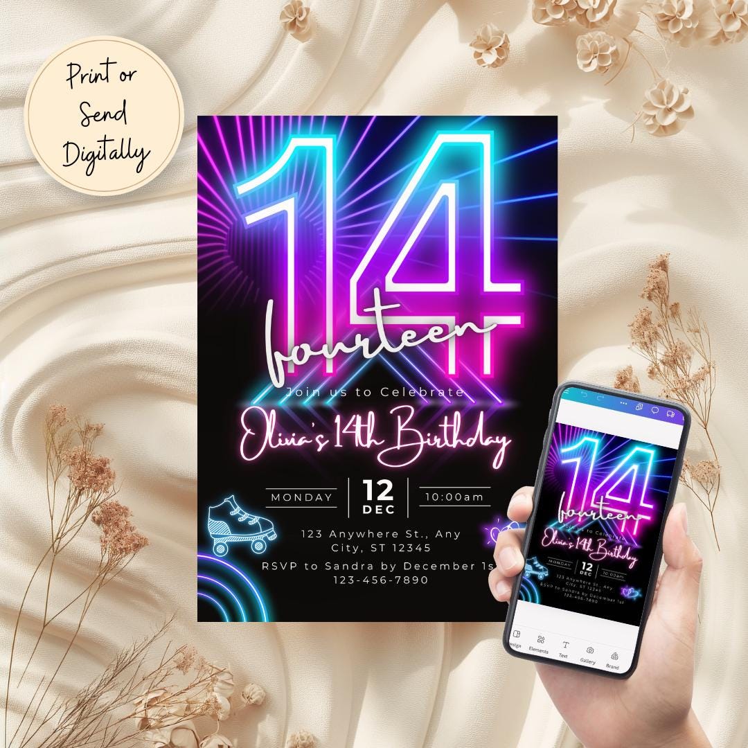 Pink Neon 14th Birthday Invitation, Digital Self-editable Canva ...