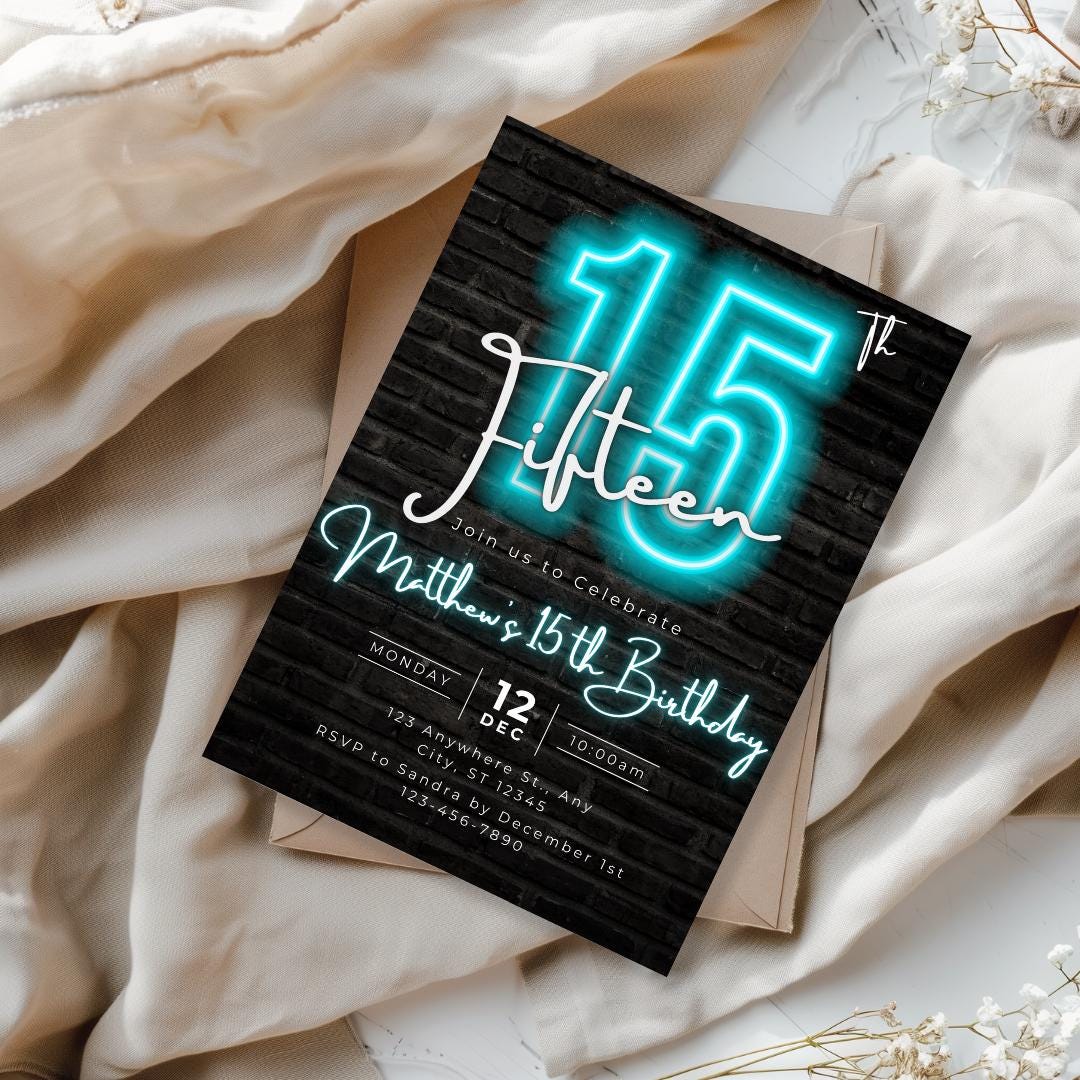 Blue Neon 15th Birthday Invitation, Fifteenth Birthday Digital Self ...