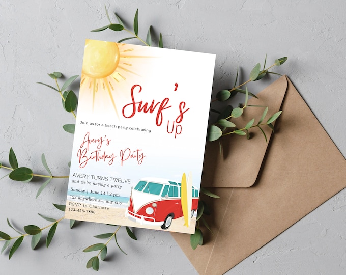 Editable Girl Surfing Beach Party Birthday Invitation Surf's up ...