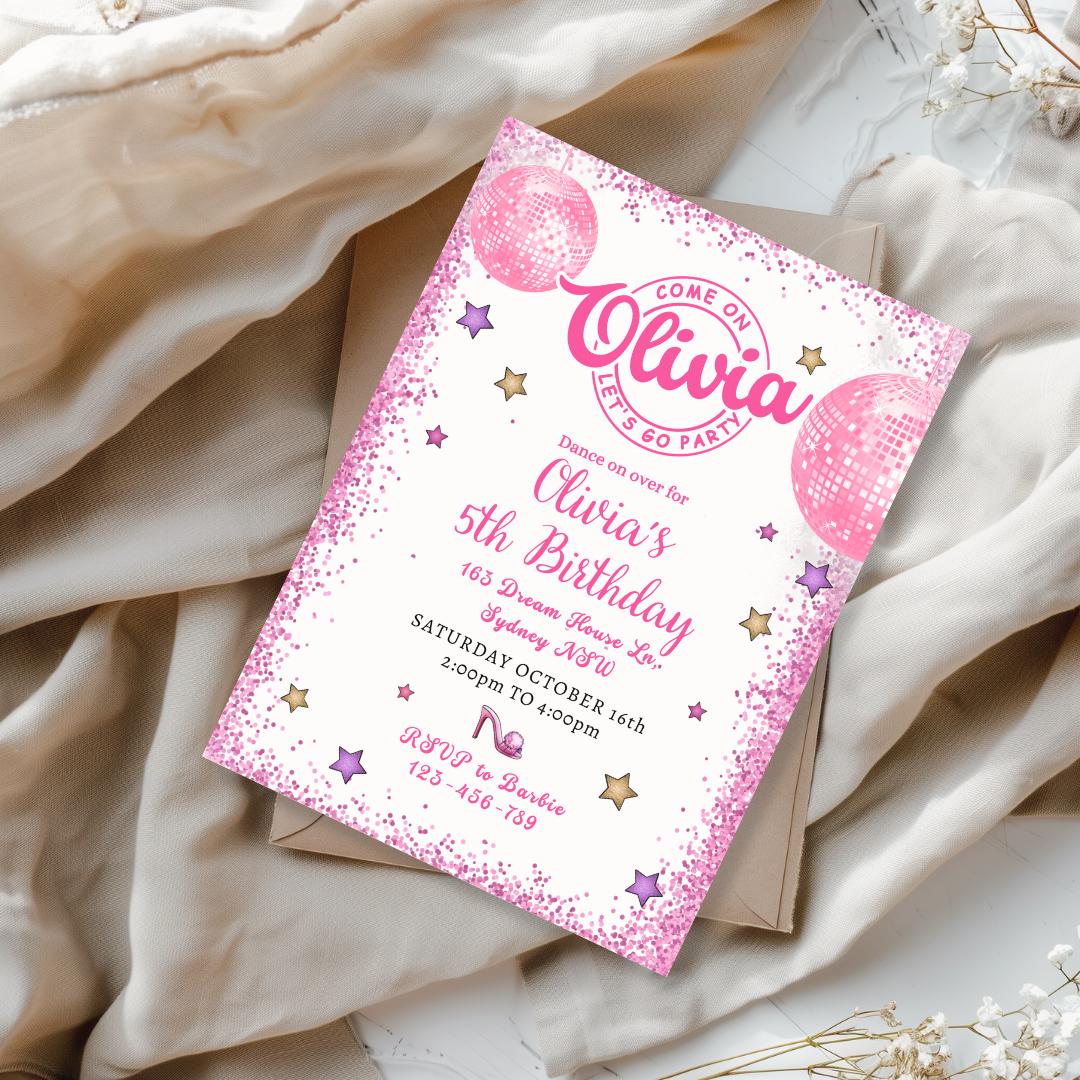 Glitter Disco Doll Birthday Party Invitation, Digital Self-editable ...