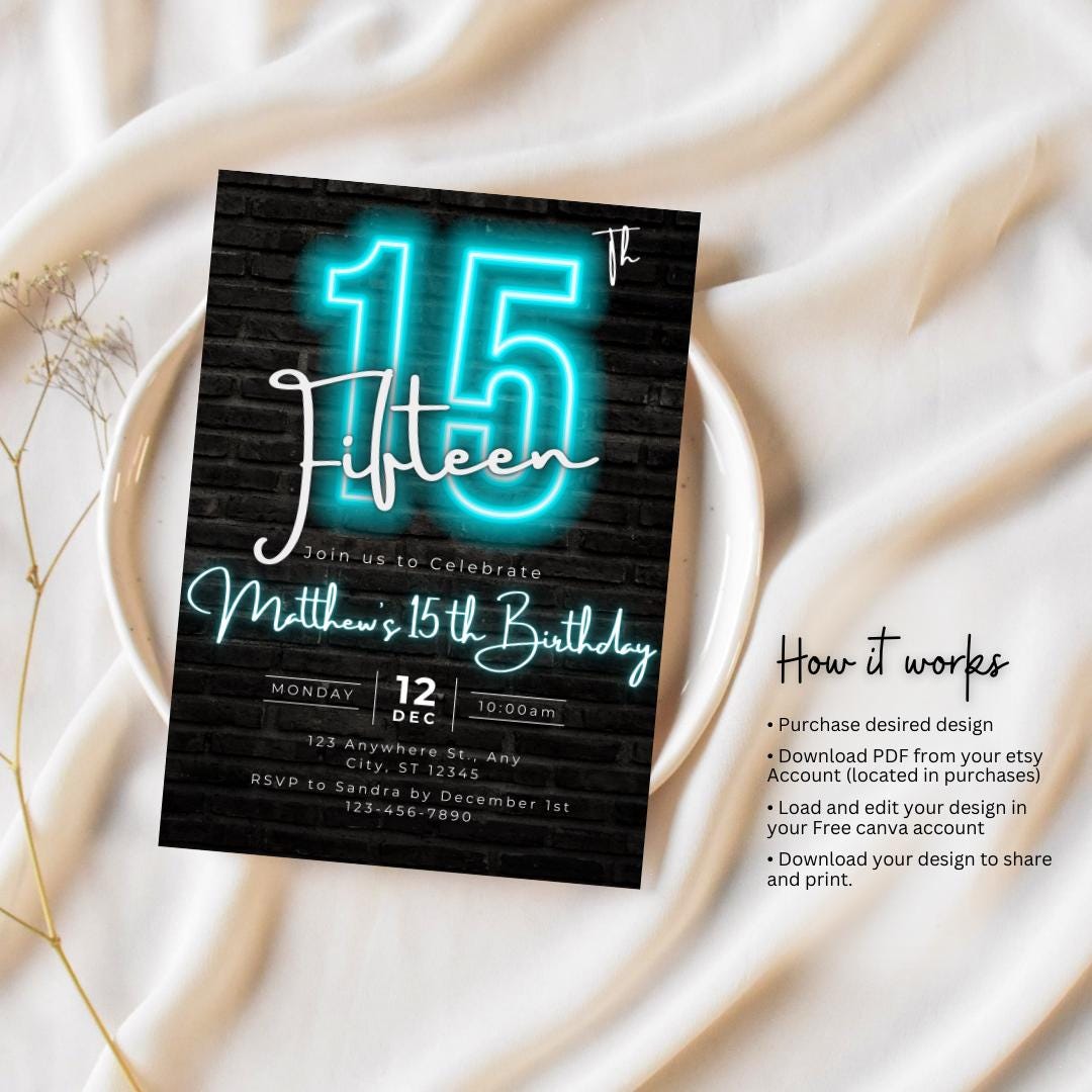 Blue Neon 15th Birthday Invitation, Fifteenth Birthday Digital Self-editable Canva Template - Etsy