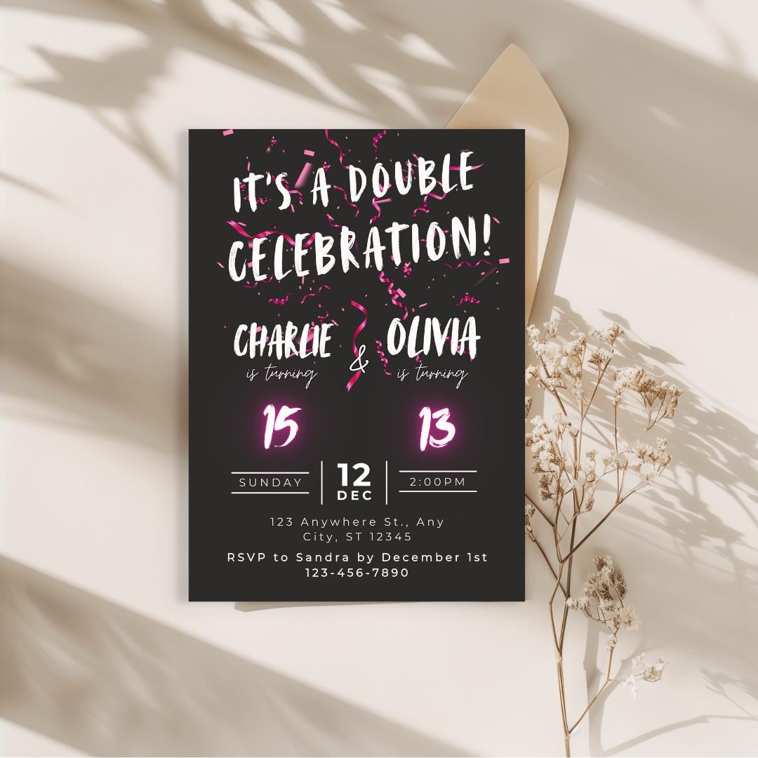 It's a Double Celebration Birthday Party Invitation, Pink Joint ...