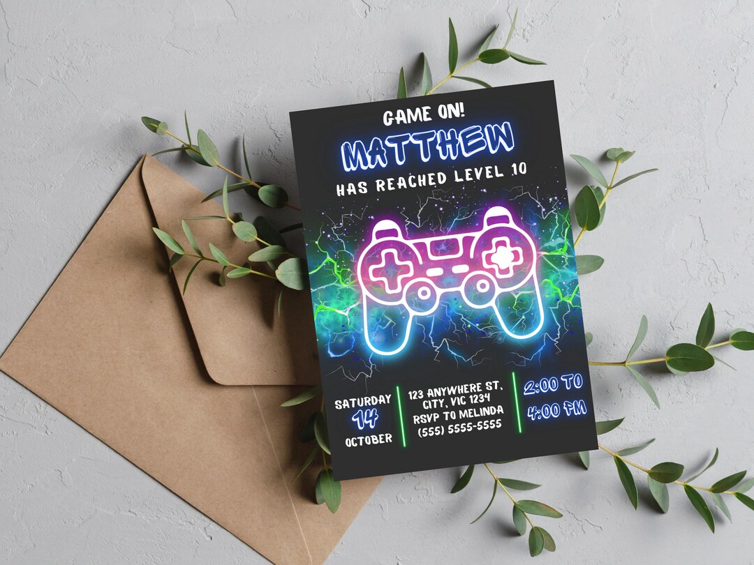 Game Over, Neon Game Controller Birthday Invitation, Printable Digital ...