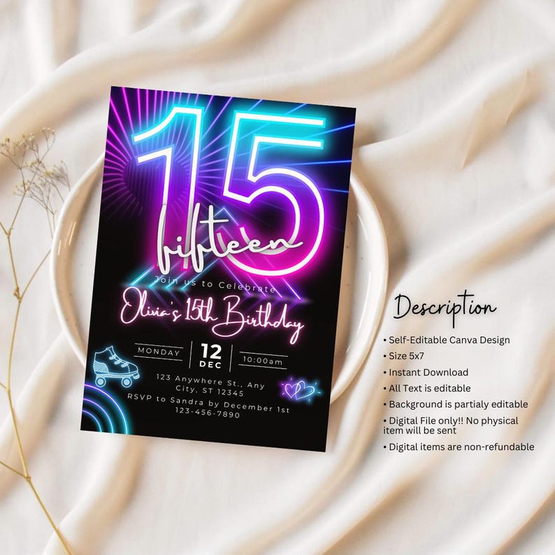 Pink Neon 15th Birthday Invitation, Sweet Sixteenth Digital Self-editable Canva Template - Etsy