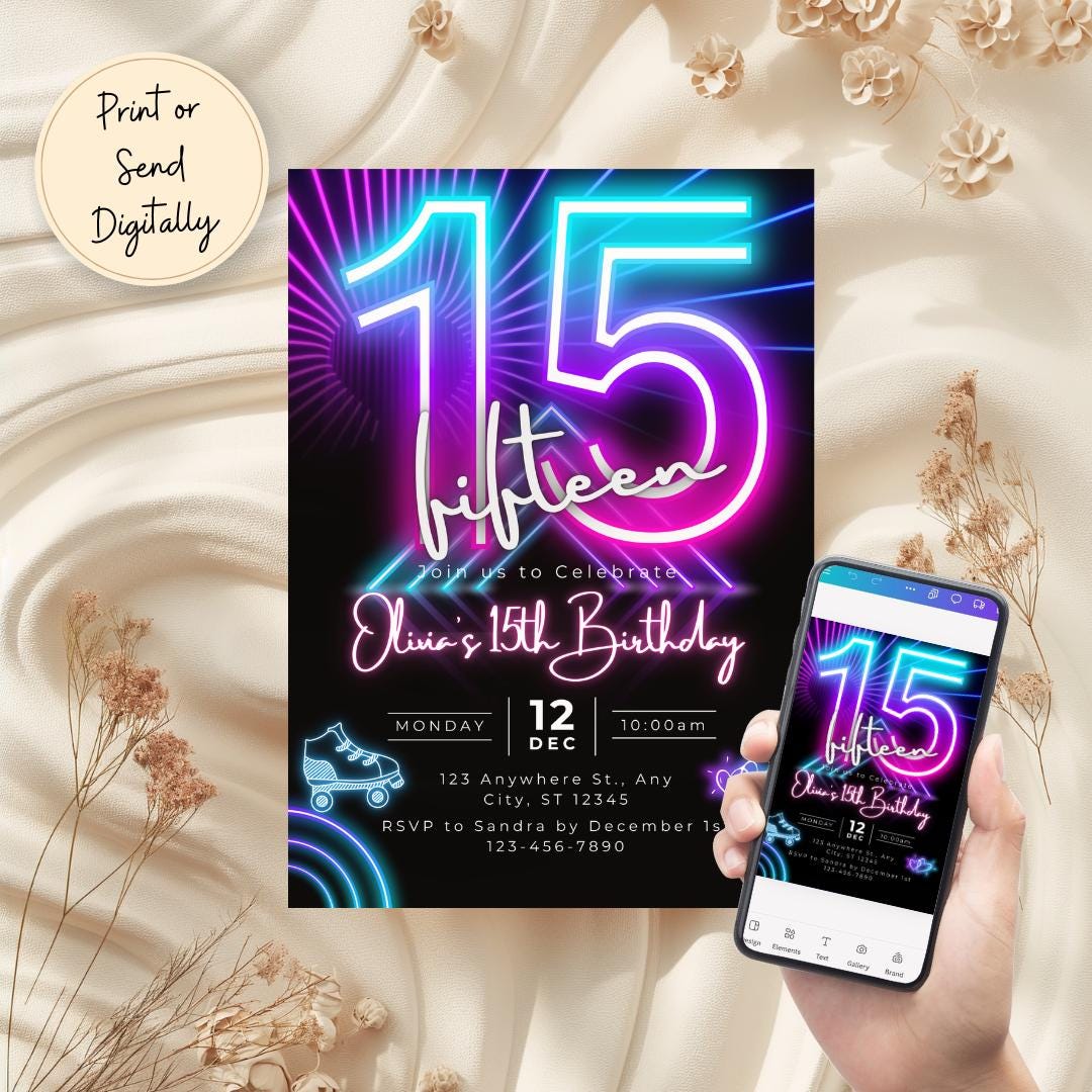 Pink Neon 15th Birthday Invitation, Sweet Sixteenth Digital Self-editable Canva Template - Etsy