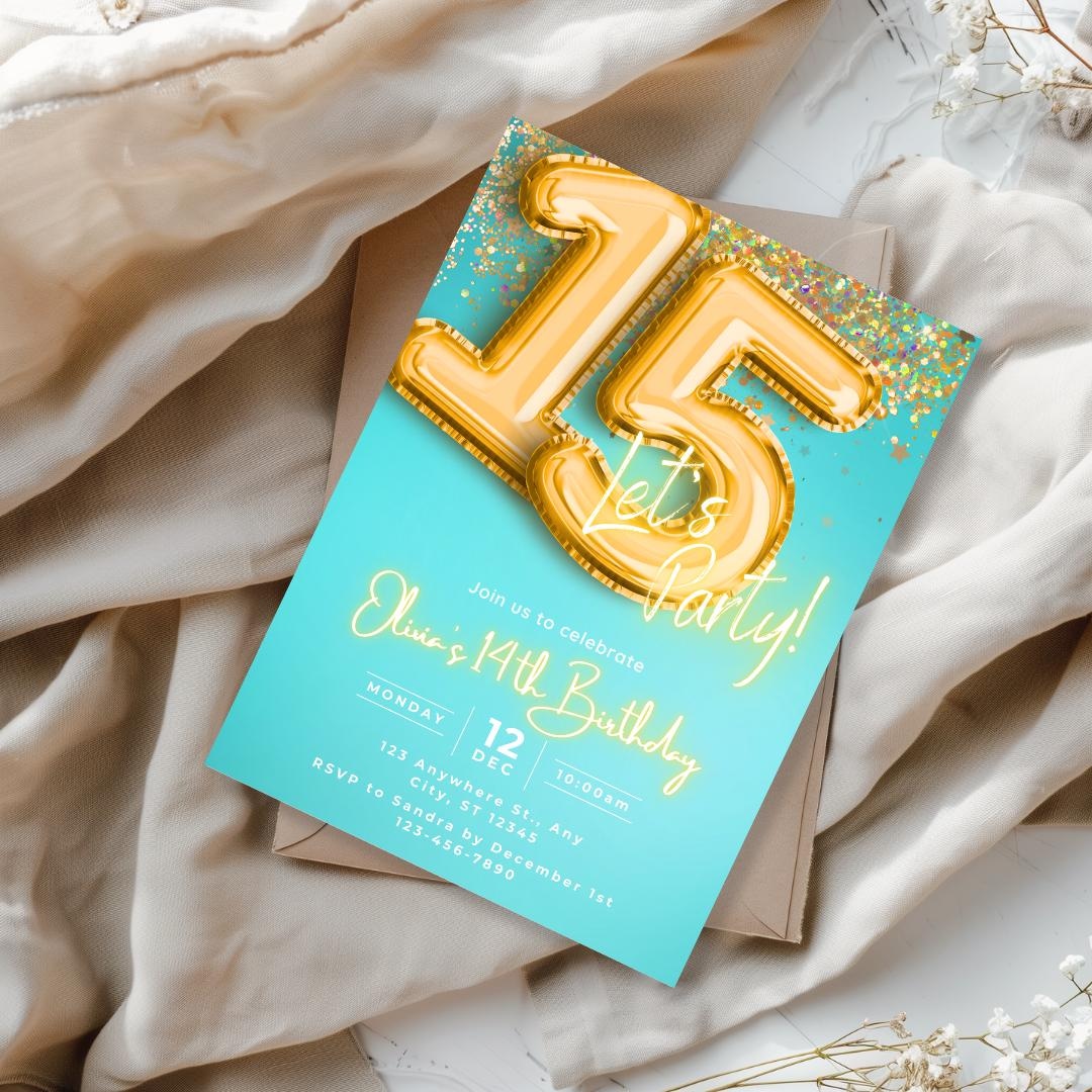 Blue Teal Gold Glitter Fifteenth Birthday Photo Invitation, 15th ...